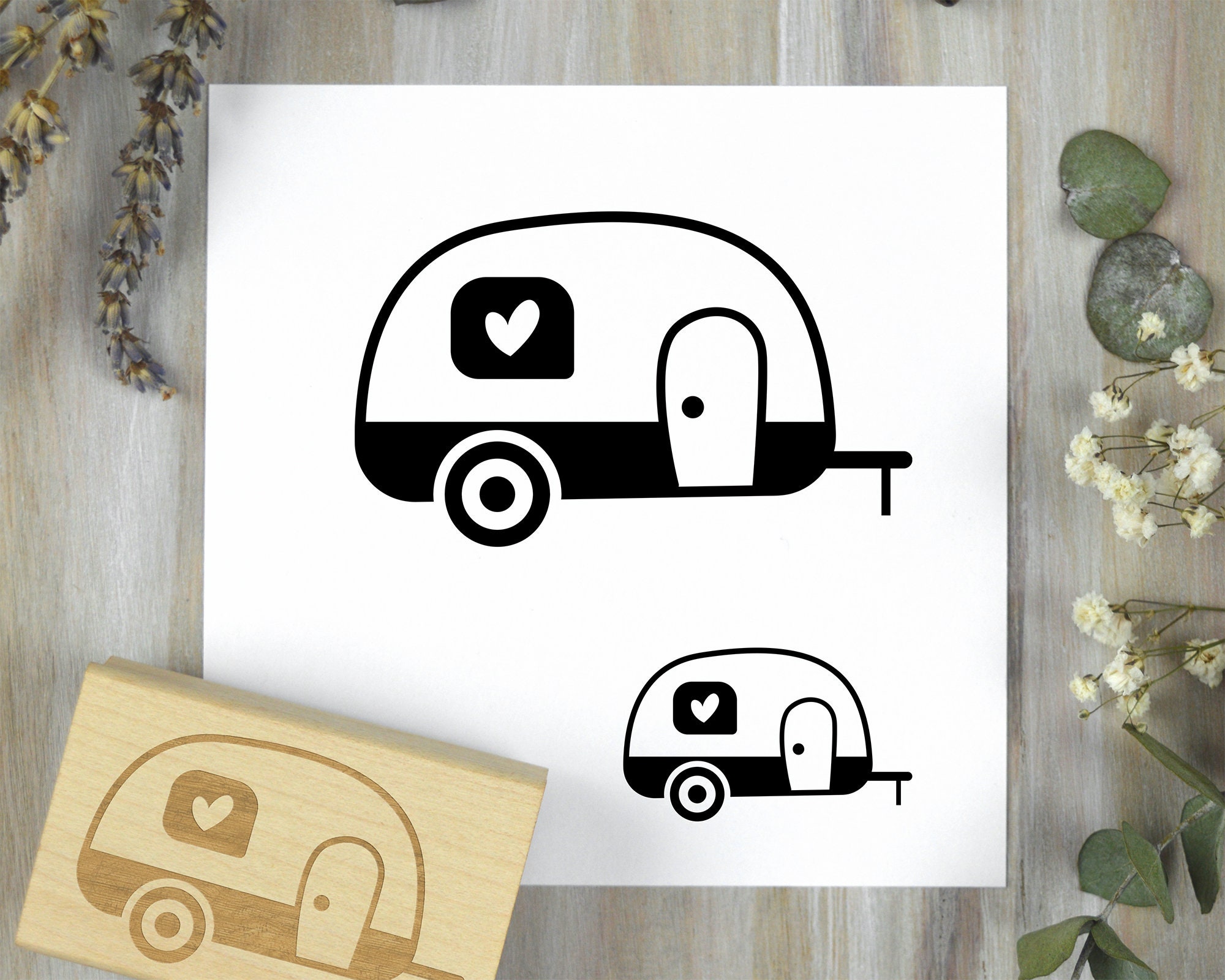Camping Trailer Stamp, Tiny Teardrop RV Camper Rubber Stamp - Printed Heron