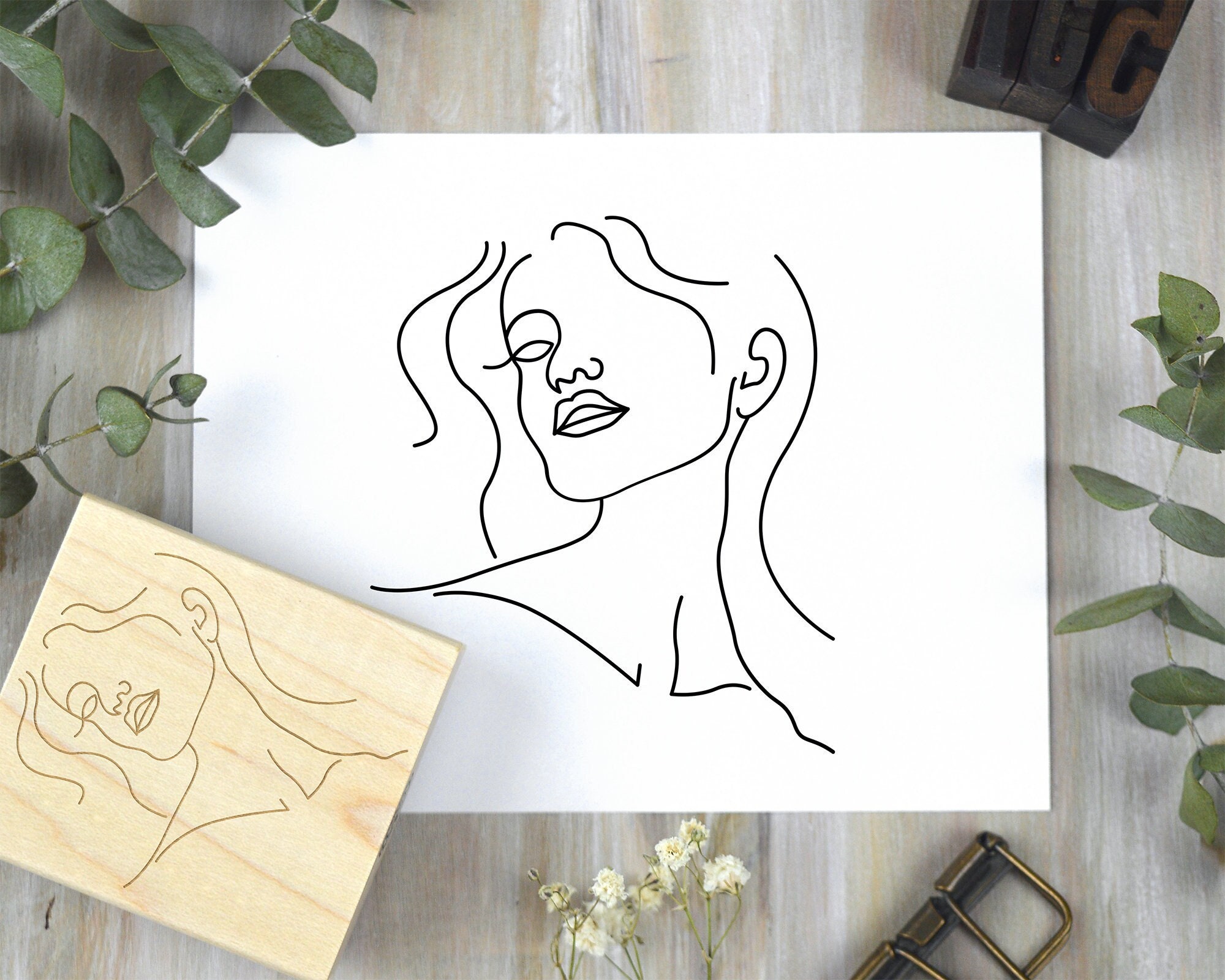 Woman's Face Line Art Stamp - Female Drawing Self Expression Rubber ...
