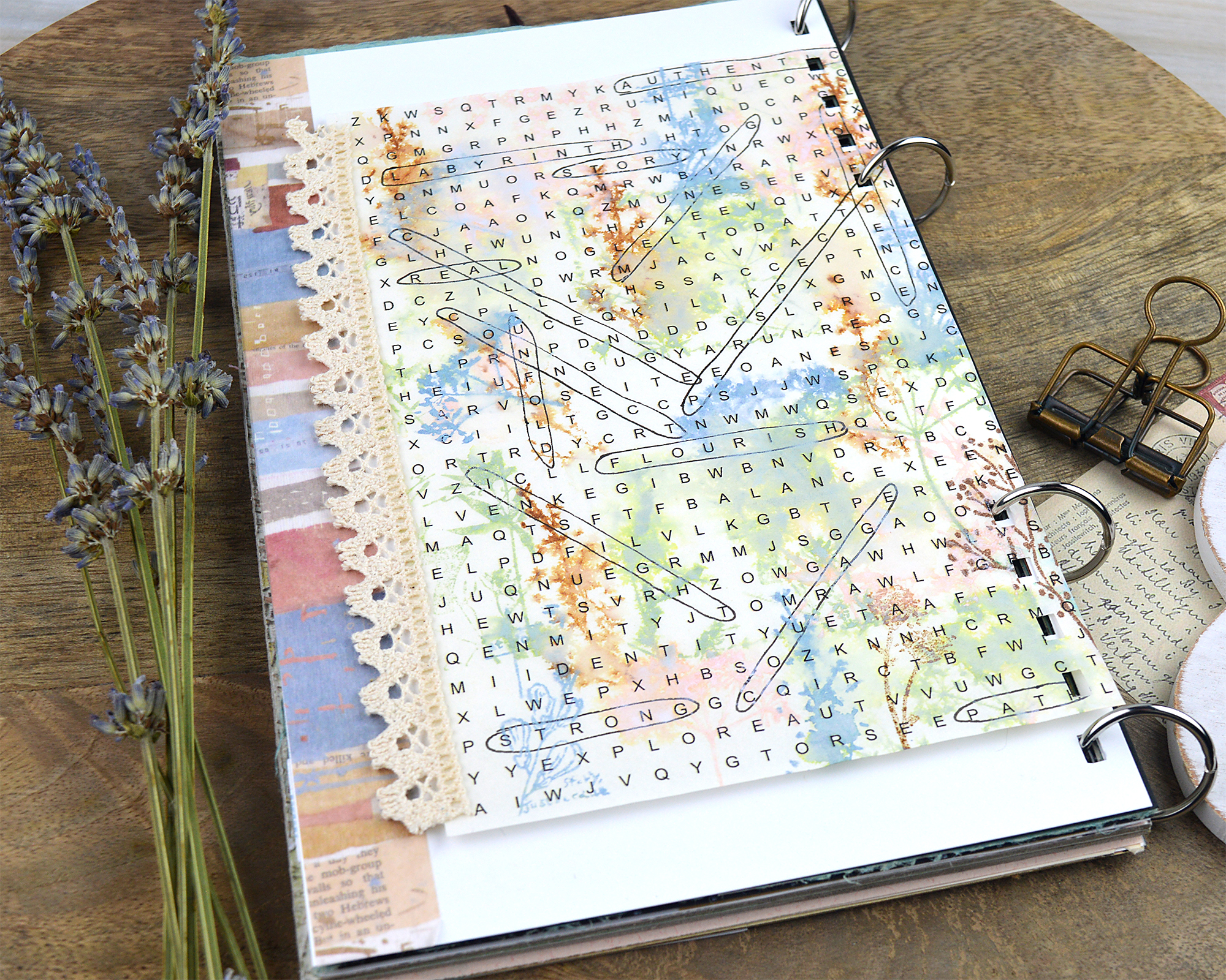 Make creative Junk Journal pages with FREE Printable Word Search puzzles