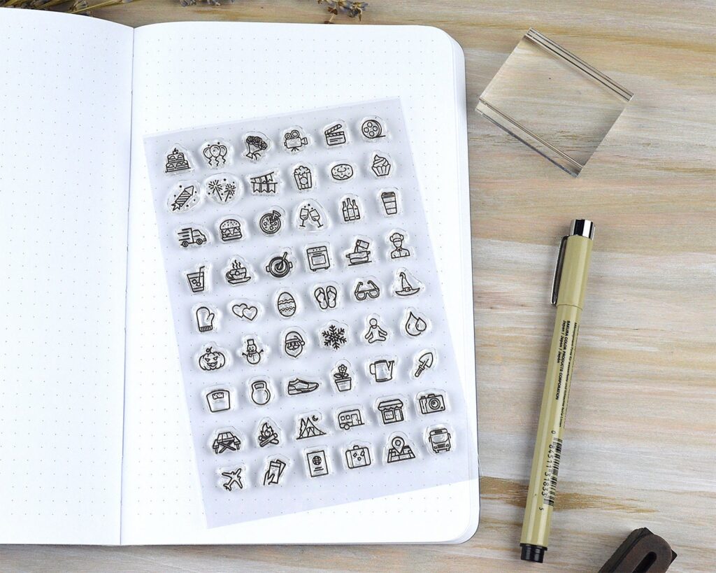 Icon Planner Stamp Set 54pc, Clear Stamp Set for Journals - Printed Heron